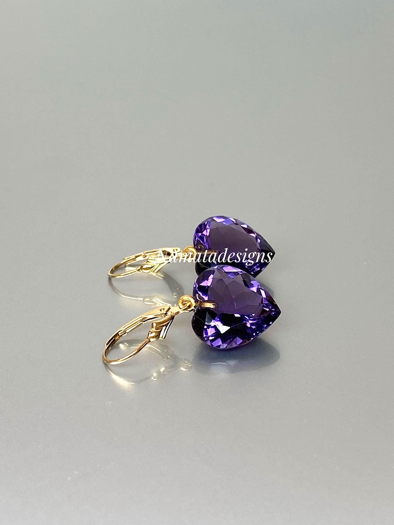 14K / 18K Gold Amethyst Heart Drop Earrings, Purple Heart Dangle ...