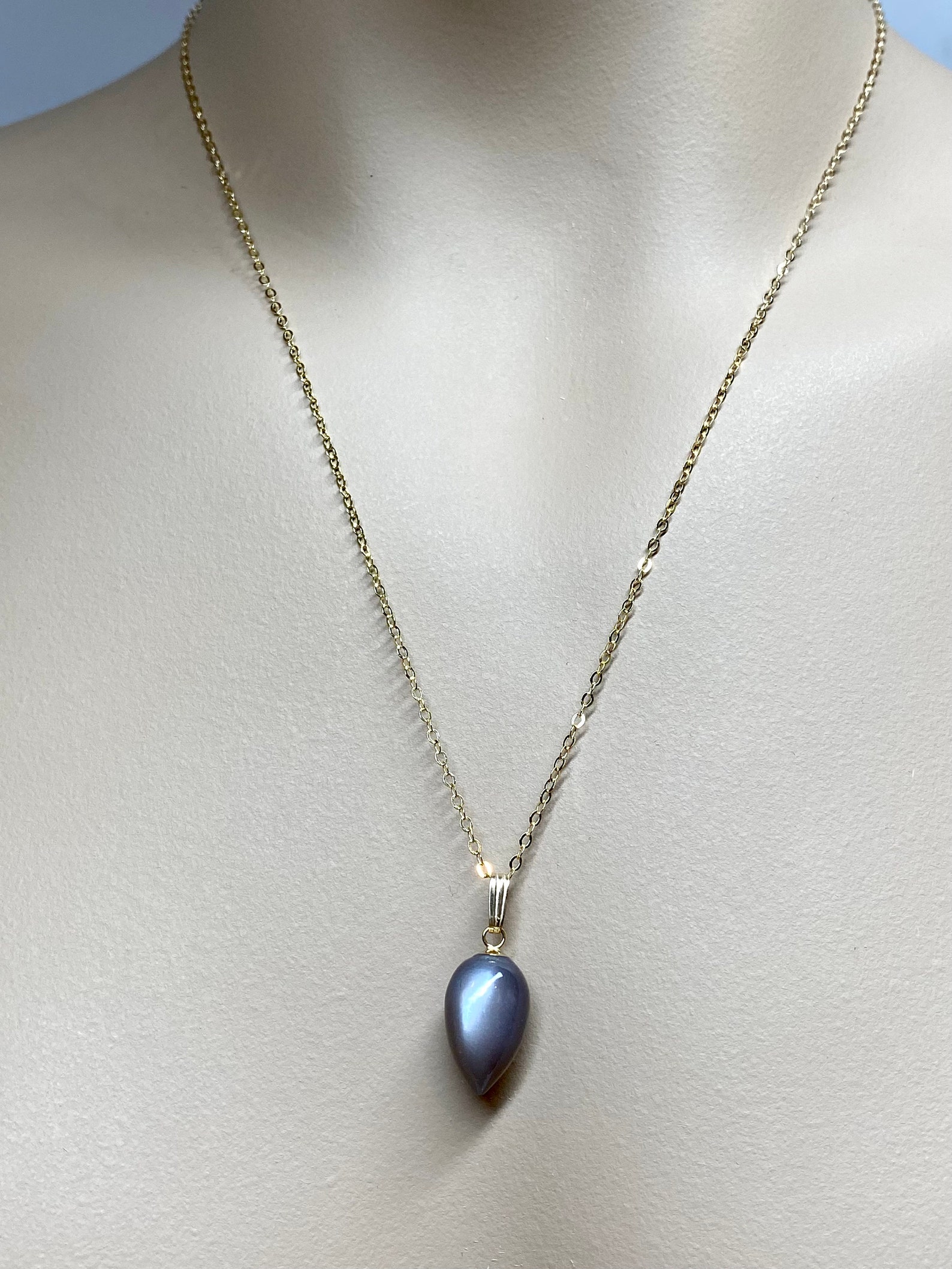 14K Gold Natural Grey Moonstone Necklace: Teardrop Pendant, June ...