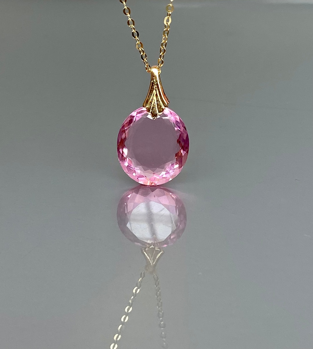14K Pink Topaz Statement Pendant Necklace, Pink Topaz Jewelry, Pink ...