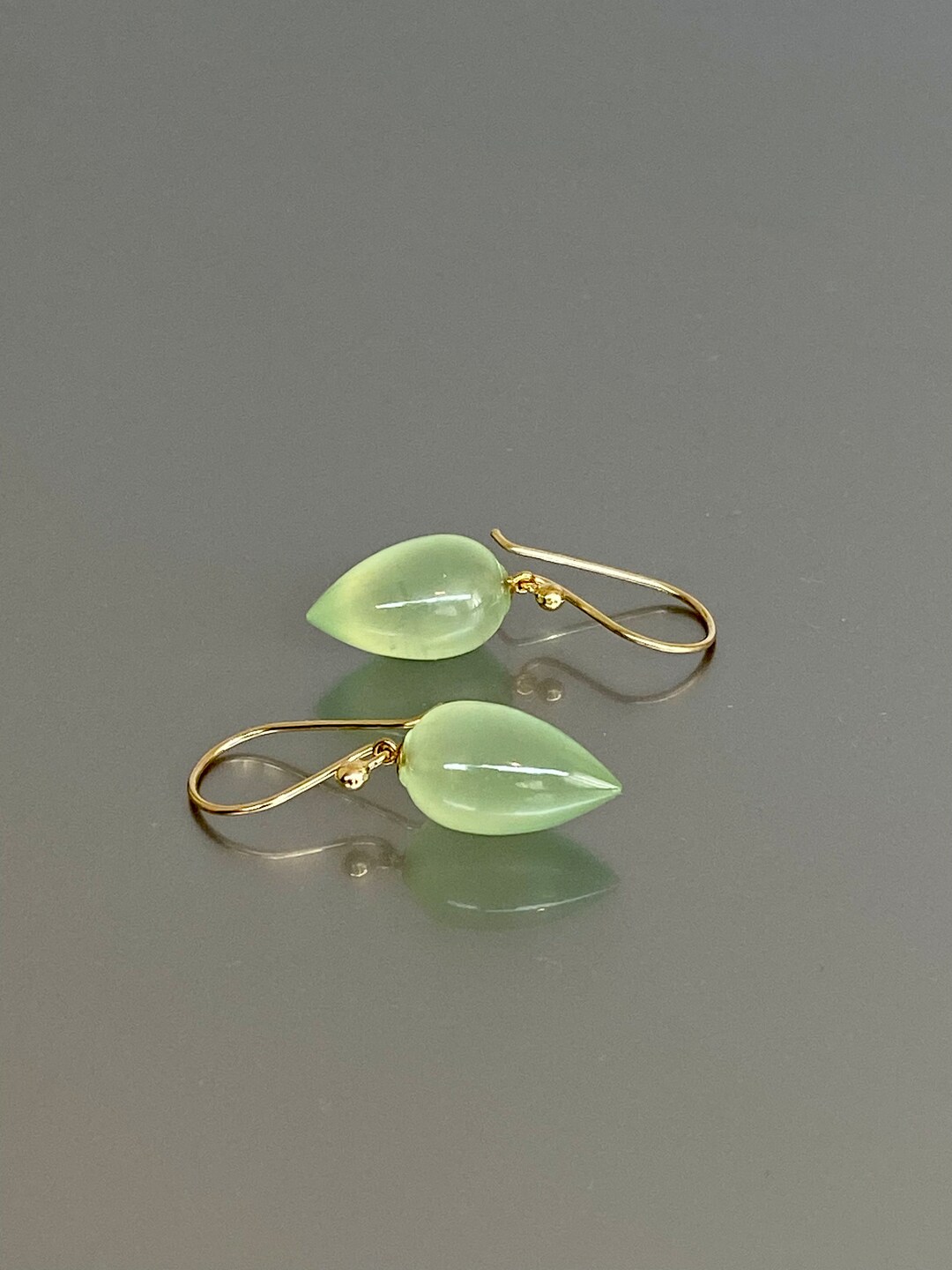 14K/18K SOLID GOLD Natural Gold Prehnite Earrings, Green Prehnite Drop ...