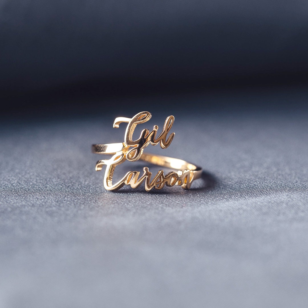 Two Name Ring - Name Ring Yellow Gold - Old English Name Ring - Three ...