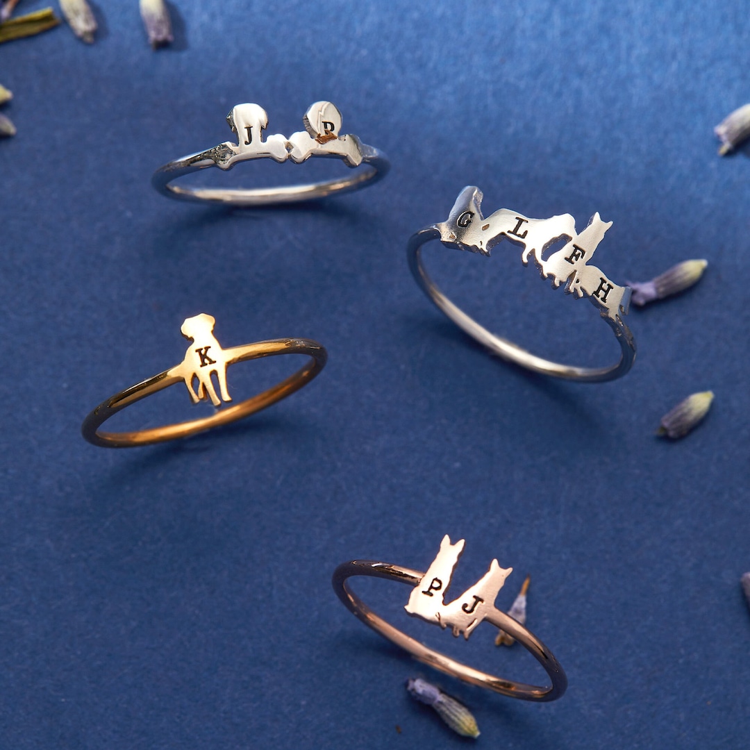 Dog Cat Silhouette Ring - Dog Mom Ring - Pet Initial Ring- Pet Name ...