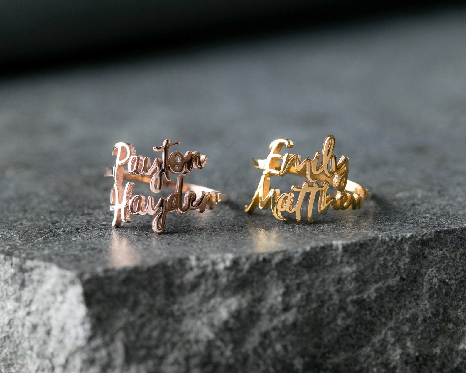 Two Name Ring Name Ring Yellow Gold Old English Name Ring | Etsy