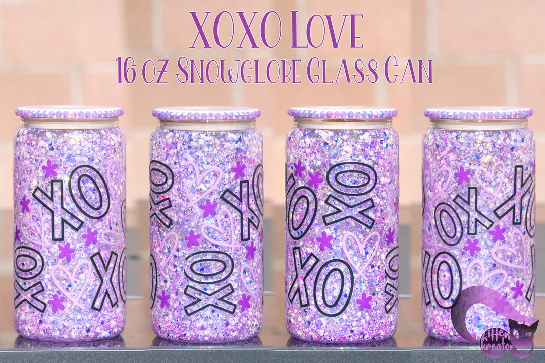 XOXO Purple Valentine Theme 16 Oz. Glitter Snow Globe Glass Tumbler - Etsy