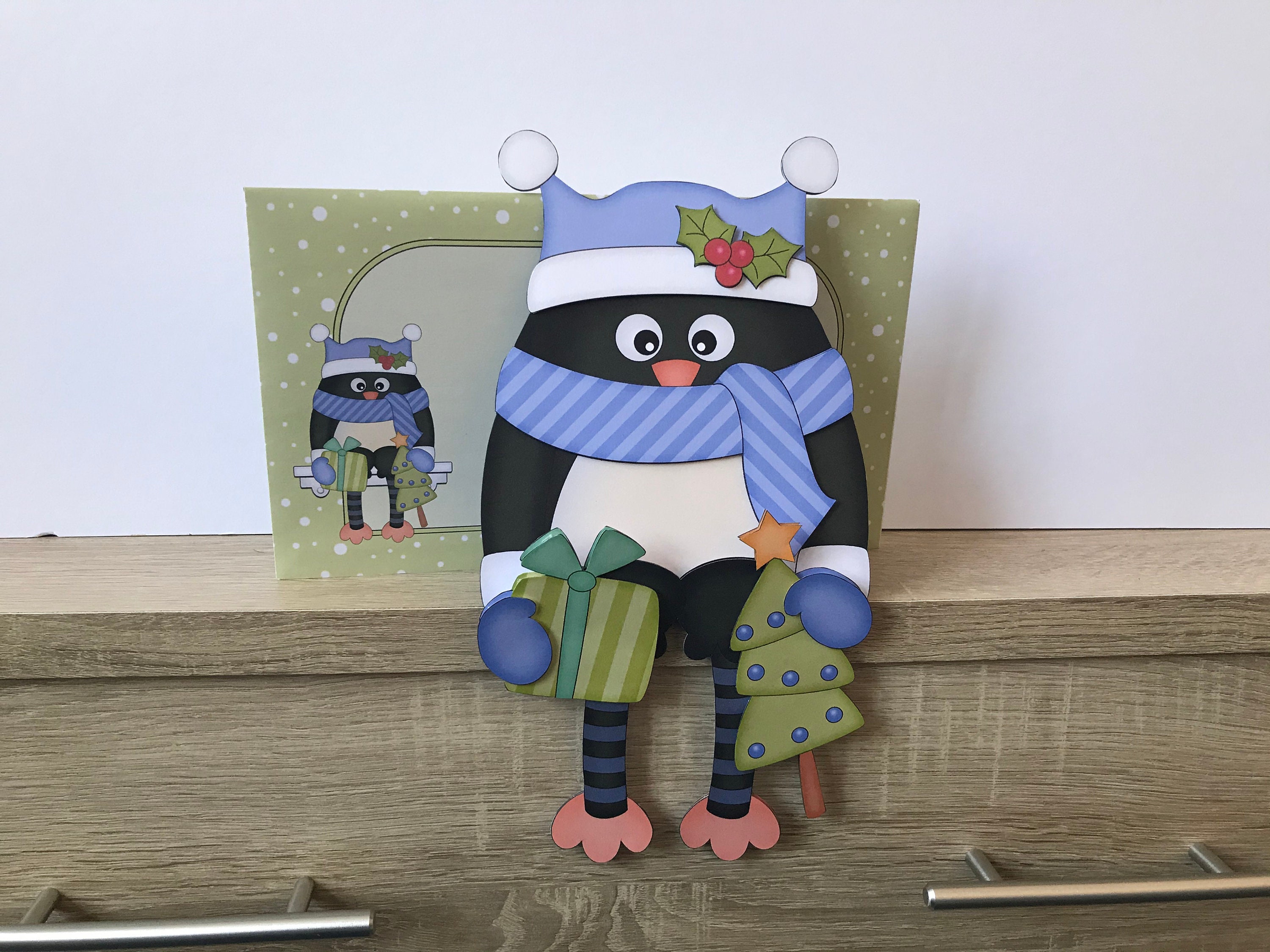 Christmas Penguin in blue christmas card and envelope | Etsy