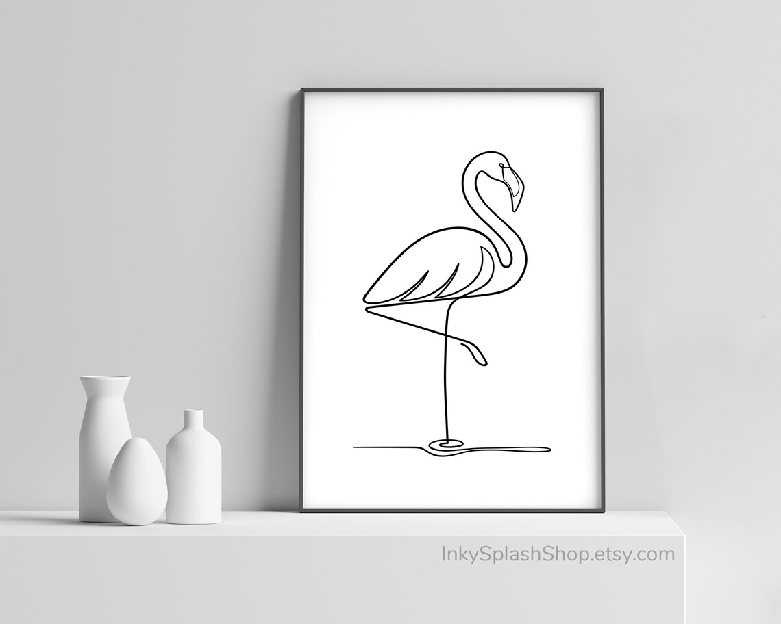 Flamingo One Line Drawing Minimalist Bird Art Printable Black White ...