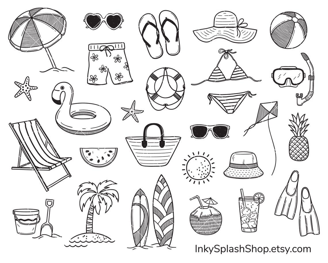 Summer Clip Art Tropical Beach Rest Doodles Vacation Travel Vector ...