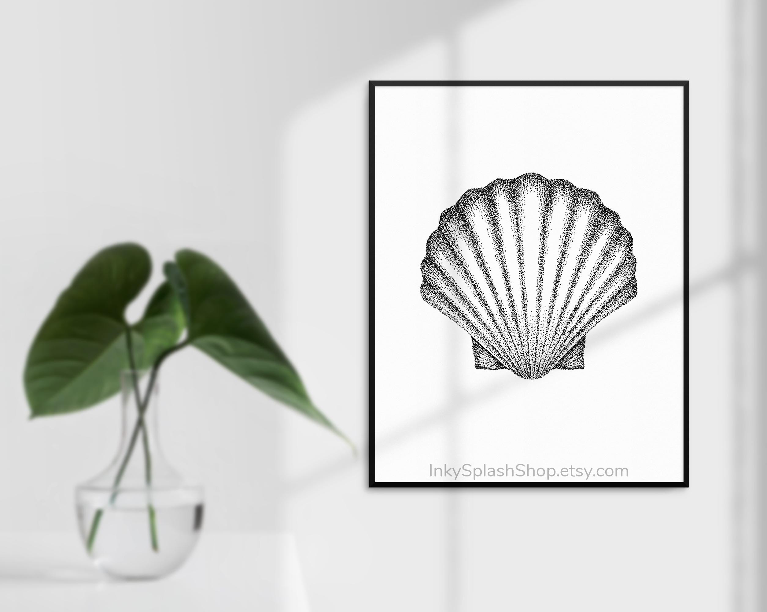 Seashell Printable Wall Art. Black & White Scallop Shell Drawing Print ...