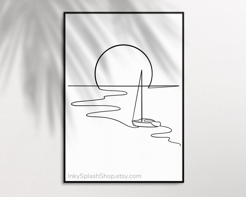 Sailing Boat and Sun Minimalist Print. Coastal Wall Decor. Simplistic ...