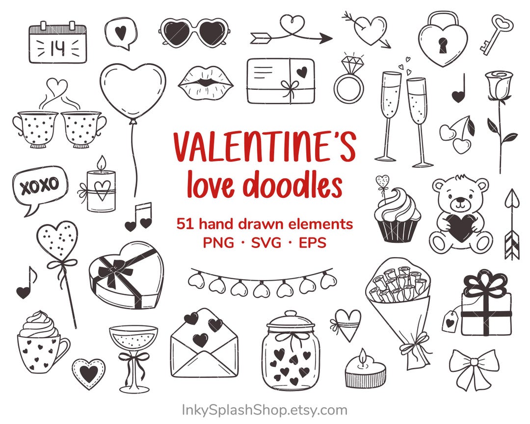 Valentines Day Clip Art Bundle. Hand Drawn Love Doodles Pack. Romantic ...