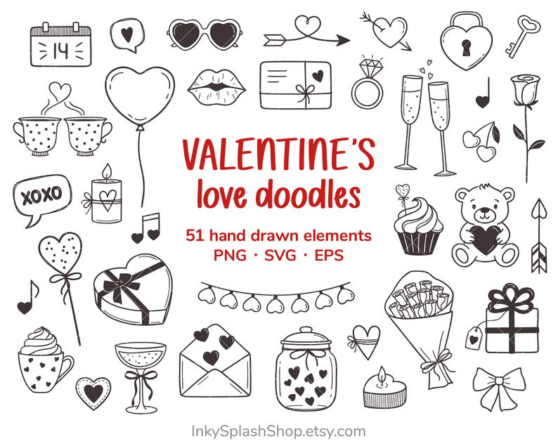 Valentines Day Clip Art Bundle. Hand Drawn Love Doodles Pack. Romantic ...