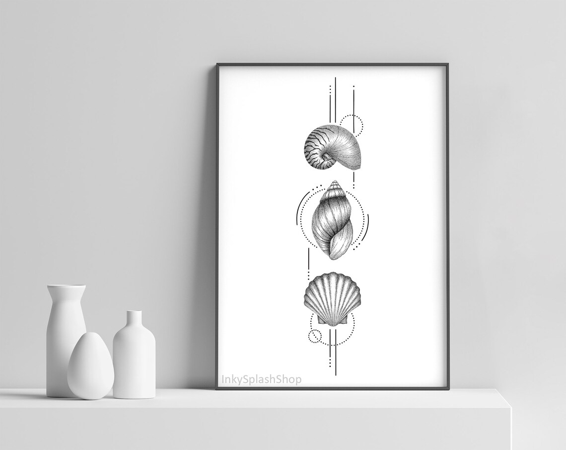Seashells Geometric Art Printable Nautilus Conch Scallop Shell Drawing ...
