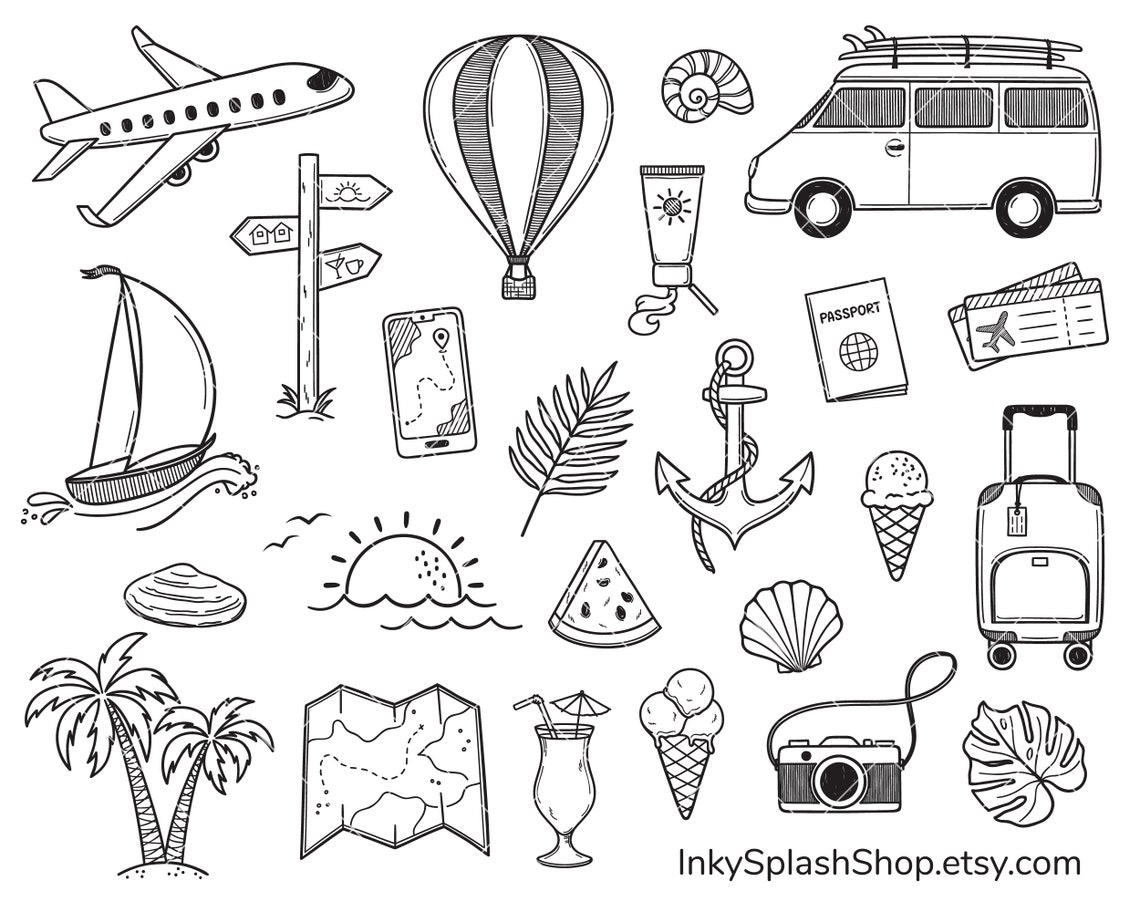Summer Clip Art Tropical Beach Rest Doodles Vacation Travel Vector ...