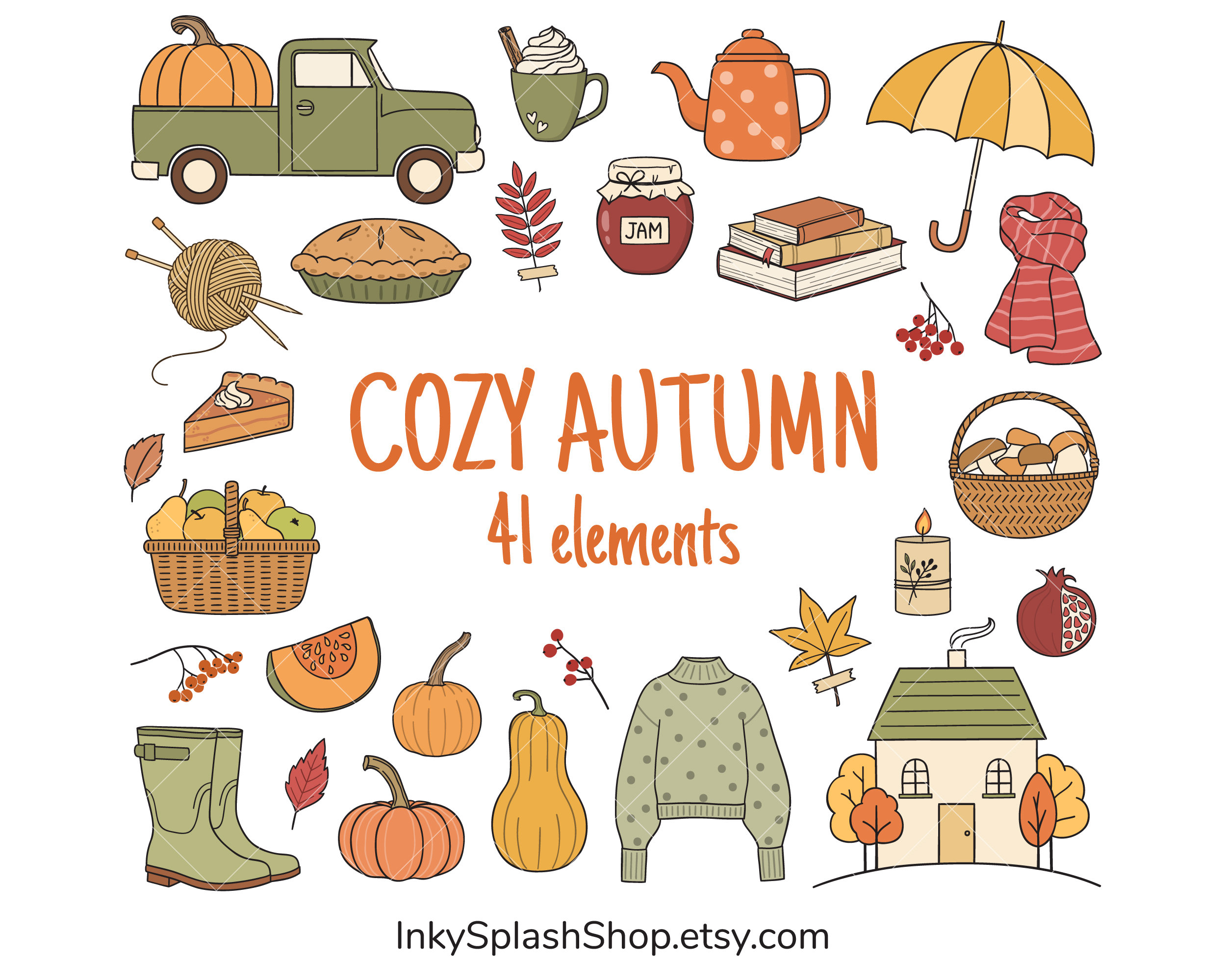 Cozy Autumn Clip Art Fall Leaves, Pumpkins Doodles Harvest Season ...