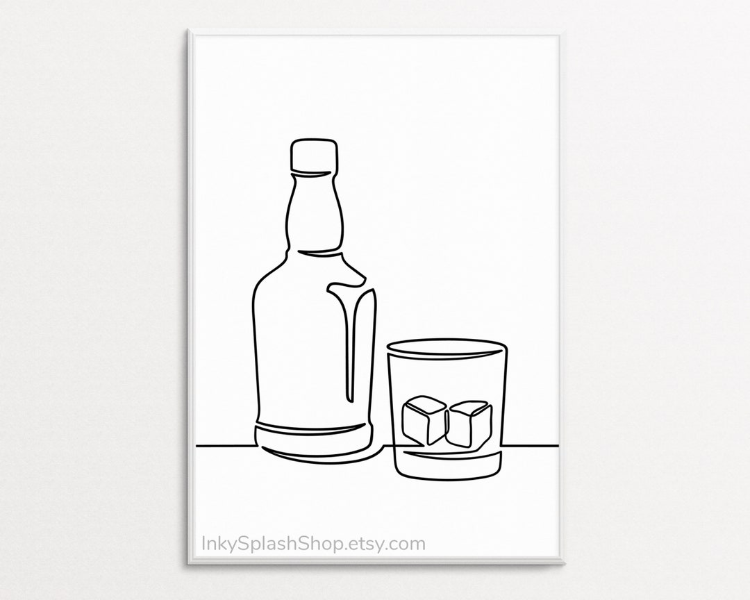 Whiskey Glass and Bottle One Line Art Printable. Modern Alcohol Poster ...