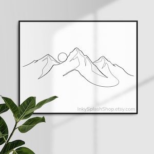 Mountains & Sun Minimalist Line Art Abstract Landscape Drawing ...