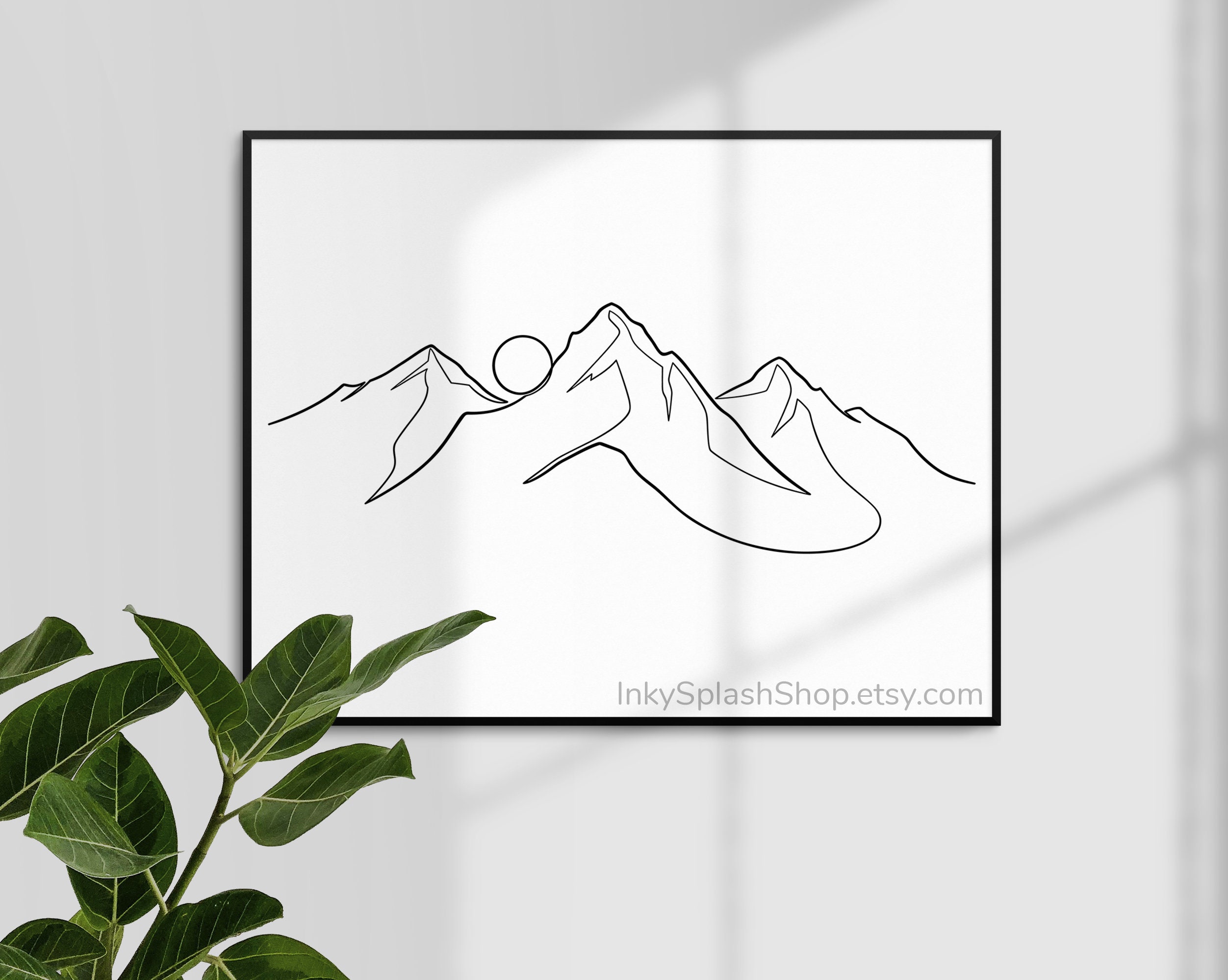 Mountains & Sun Minimalist Line Art Abstract Landscape Drawing ...