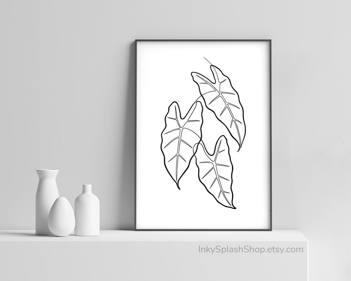 Alocasia Leaves One Line Art Tropical Plant Drawing Minimalist Wall Art ...
