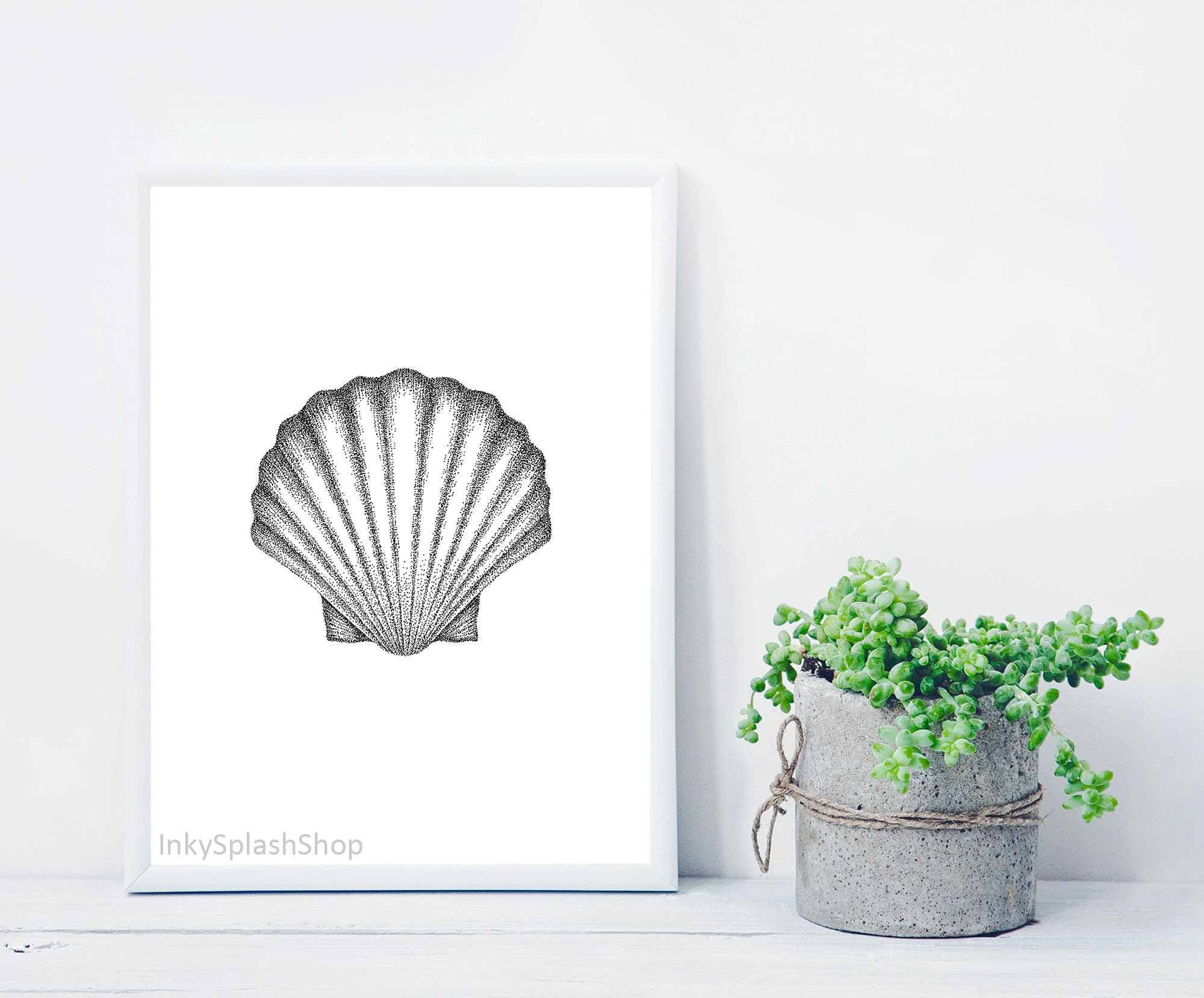 Seashell Printable Wall Art Black & White Scallop Shell Drawing Print ...