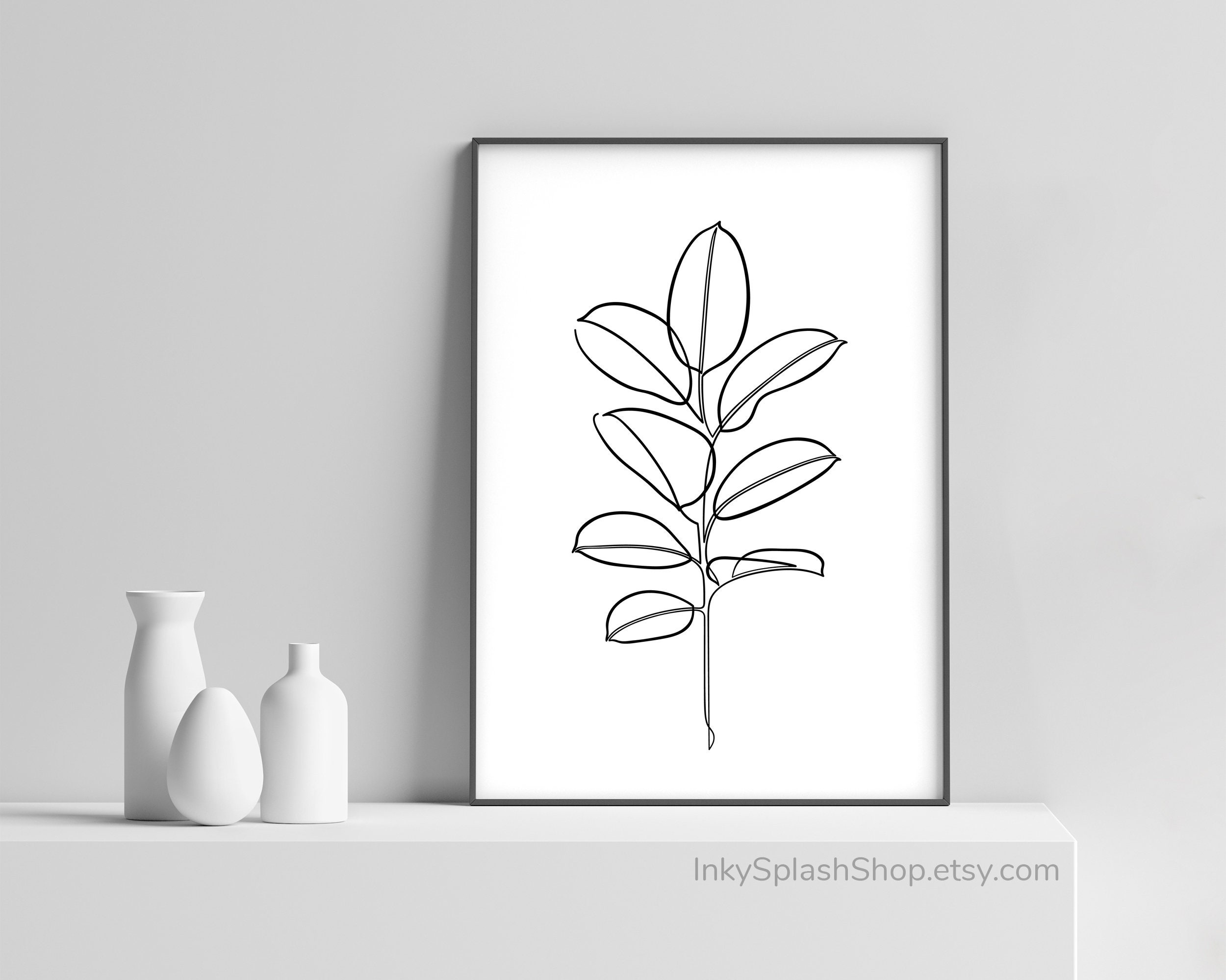 Ficus Elastica One Line Drawing. Rubber Plant Leaves Printable Wall Art ...