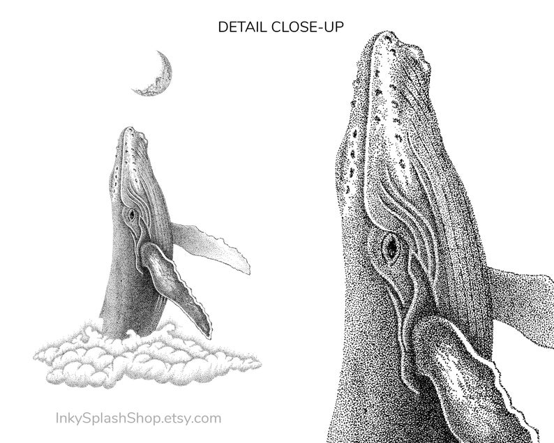 Whale and Moon Drawing Printable Humpback Whale Breaching Clouds Print ...