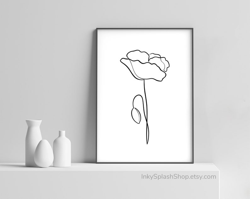 Poppy One Line Drawing Printable Simple Black & White Flower Print ...