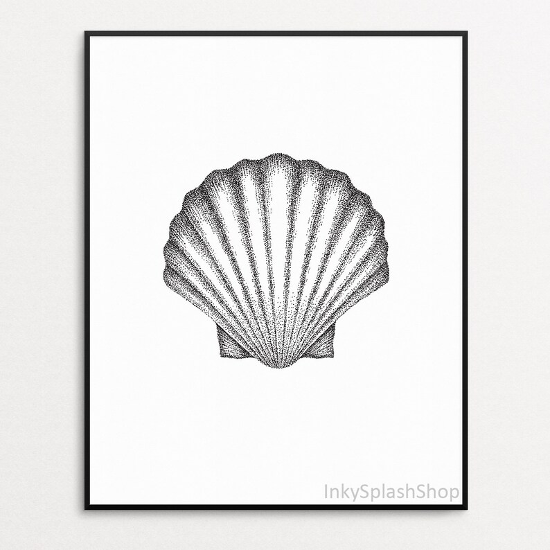 Seashell Printable Wall Art Black & White Scallop Shell Drawing Print ...