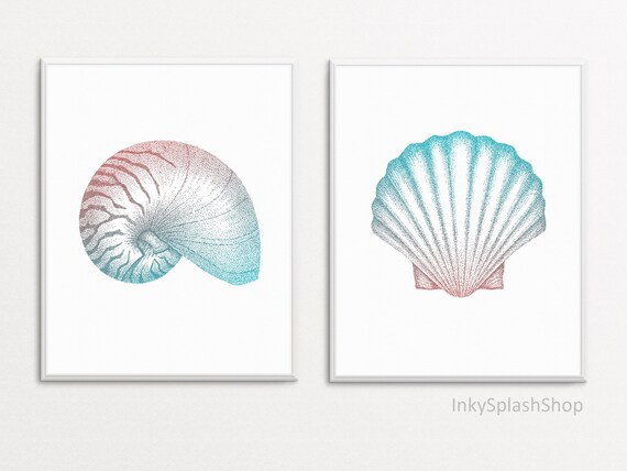Set of 2 Seashell Dotwork Prints Coastal Printable Wall Art - Etsy