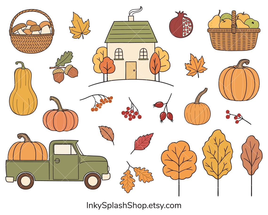 Cozy Autumn Clip Art Fall Leaves, Pumpkins Doodles Harvest Season ...