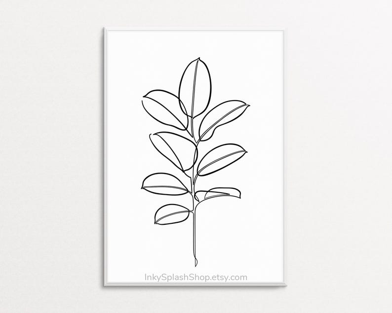 Ficus Elastica One Line Drawing. Rubber Plant Leaves Printable Wall Art ...