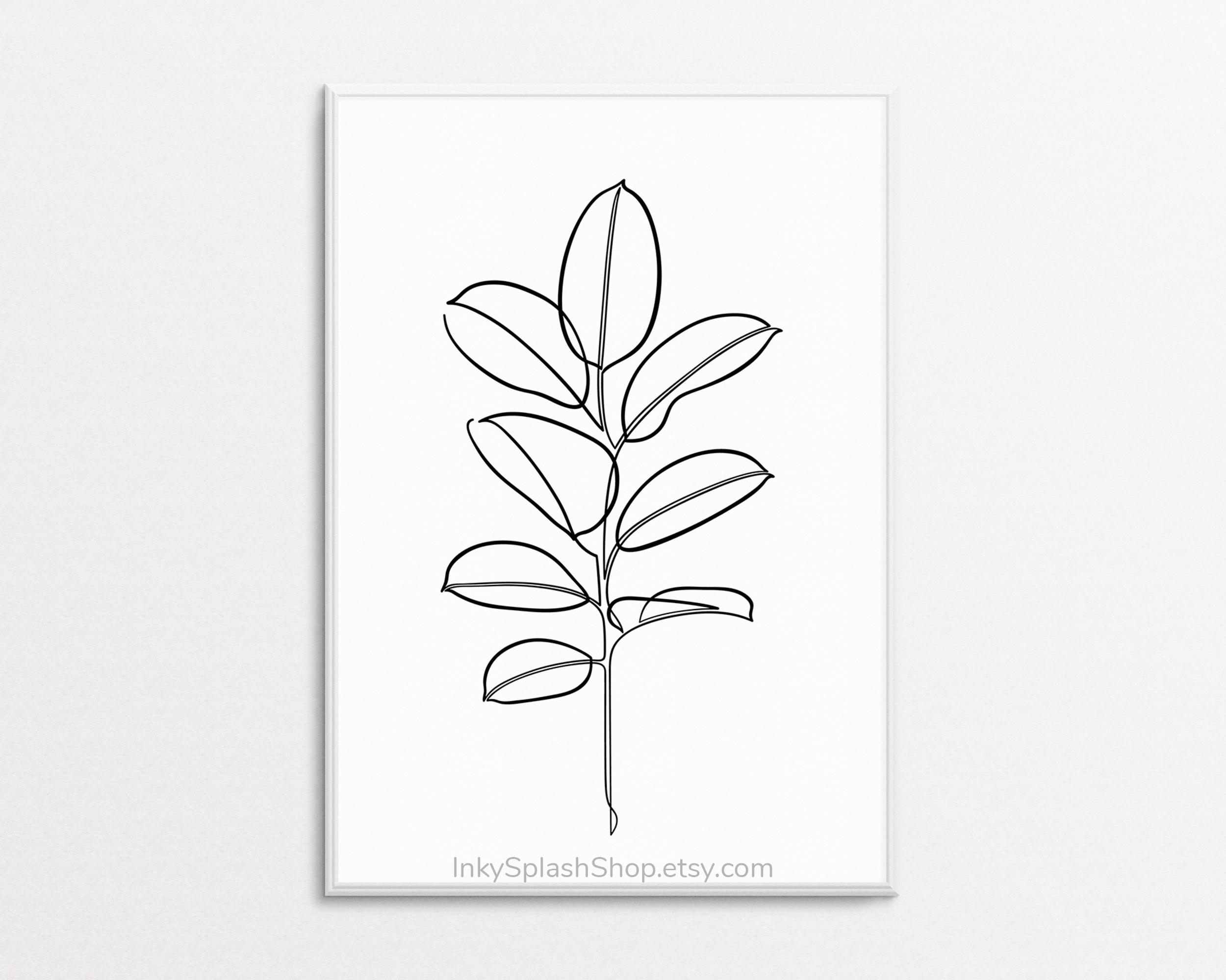 Ficus Elastica One Line Drawing. Rubber Plant Leaves Printable Wall Art ...