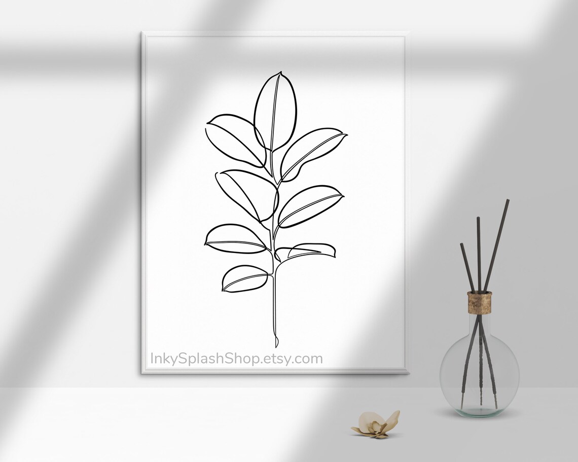 Ficus Elastica One Line Drawing. Rubber Plant Leaves Printable Wall Art ...