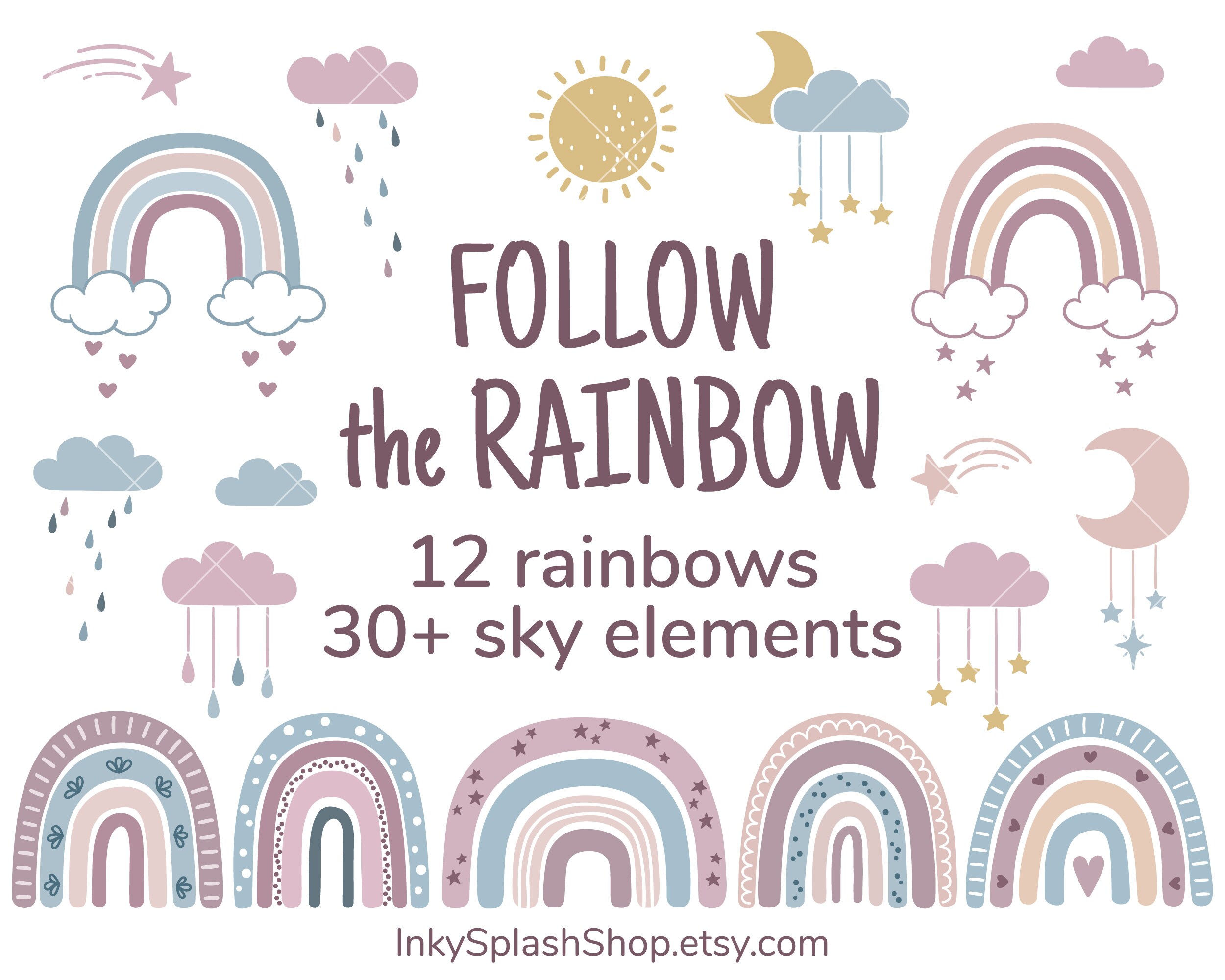 Rainbows Clip Art Bundle Sun, Moon, Clouds & Stars Doodles Cute Pastel ...
