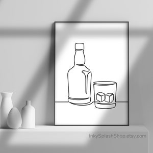 Whiskey Glass and Bottle One Line Art Printable Modern Alcohol Poster ...