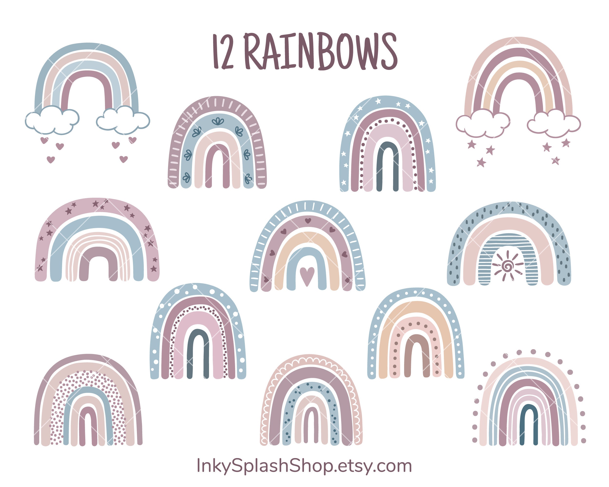 Rainbows Clip Art Bundle Sun, Moon, Clouds & Stars Doodles Cute Pastel ...