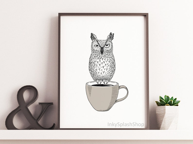 Coffee Wall Art With Owl on Cup Printable Kitchen Decor Funny Coffee ...