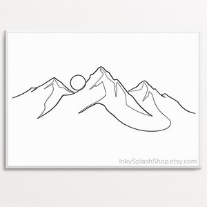 Mountains & Sun Minimalist Line Art Abstract Landscape Drawing ...