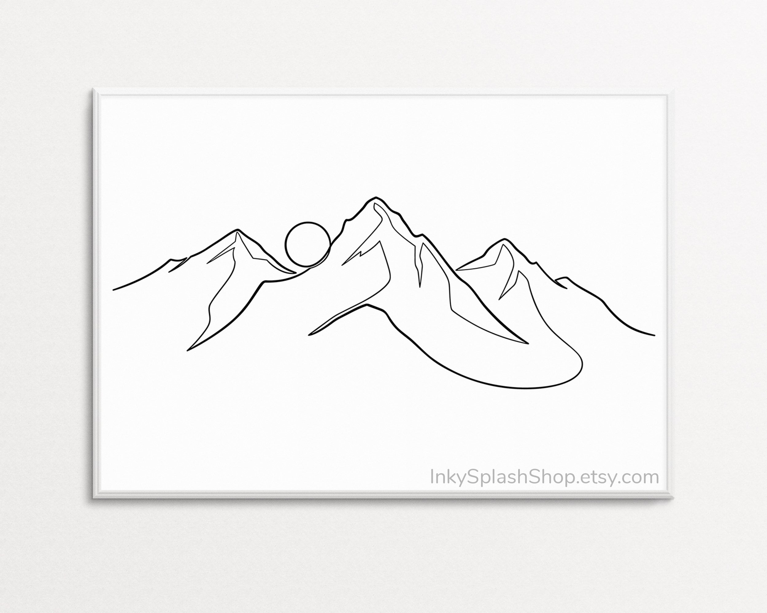 Mountains & Sun Minimalist Line Art Abstract Landscape Drawing ...