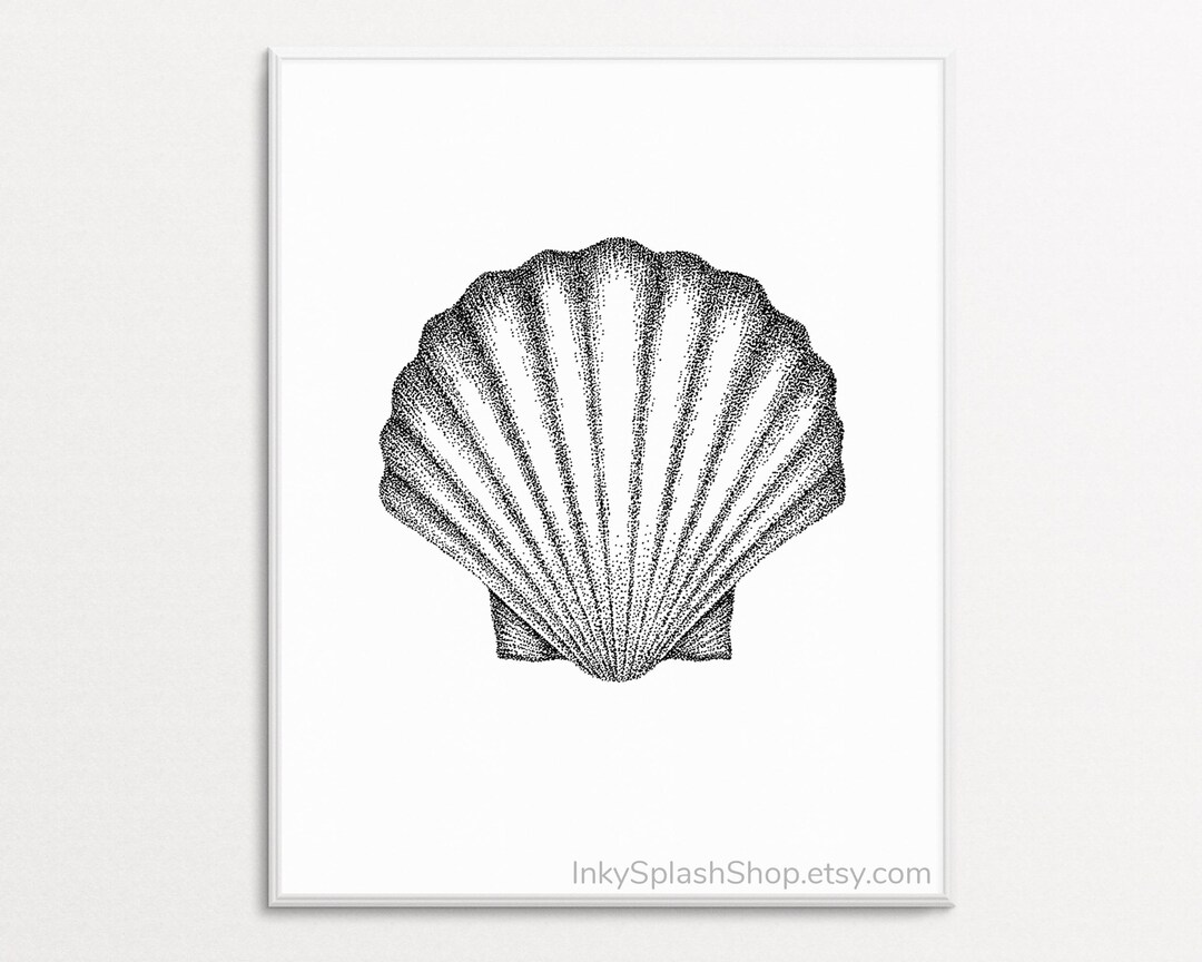 Seashell Printable Wall Art. Scallop Shell Drawing Print. Marine Beach ...