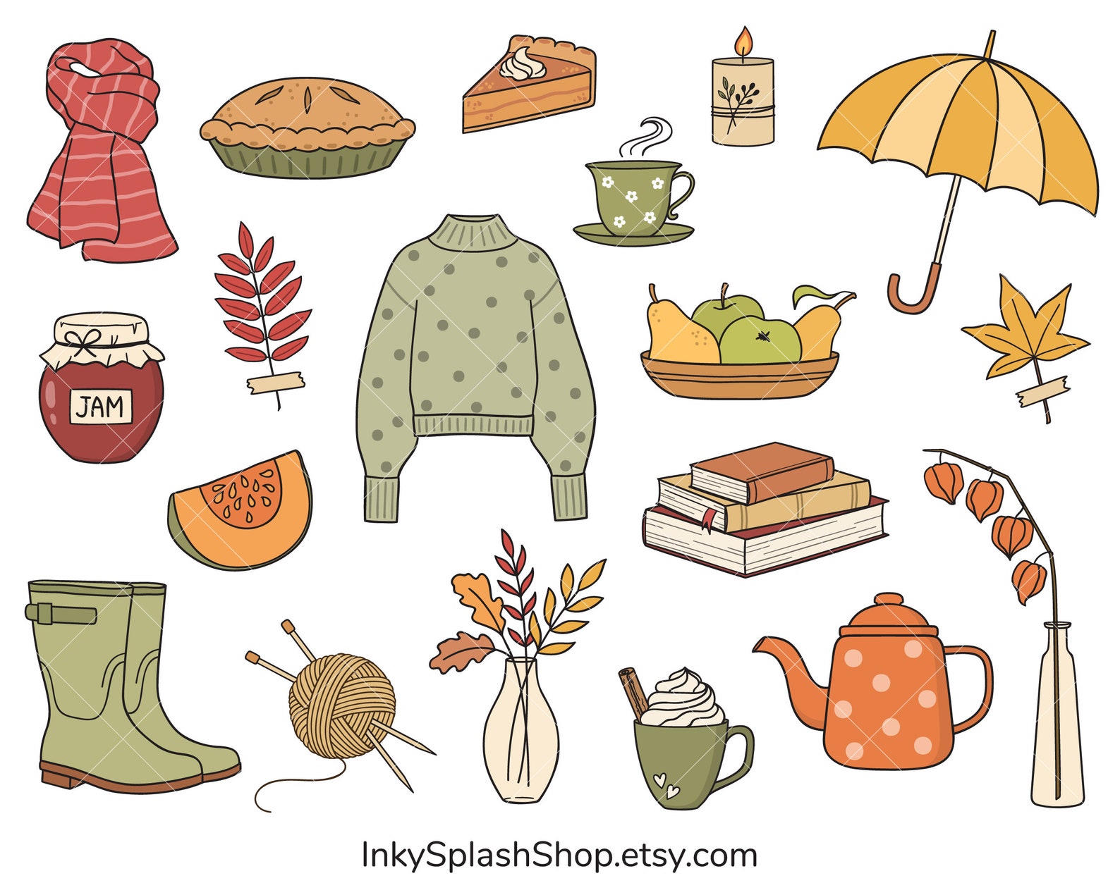 Cozy Autumn Clip Art Fall Leaves, Pumpkins Doodles Harvest Season ...
