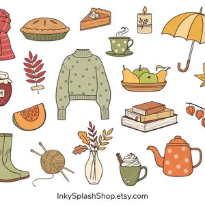 Cozy Autumn Clip Art Fall Leaves, Pumpkins Doodles Harvest Season ...