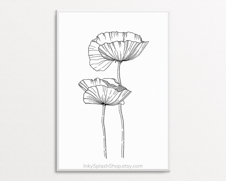 Poppies Art Print Two Poppy Flowers Ink Drawing Printable Minimalist ...