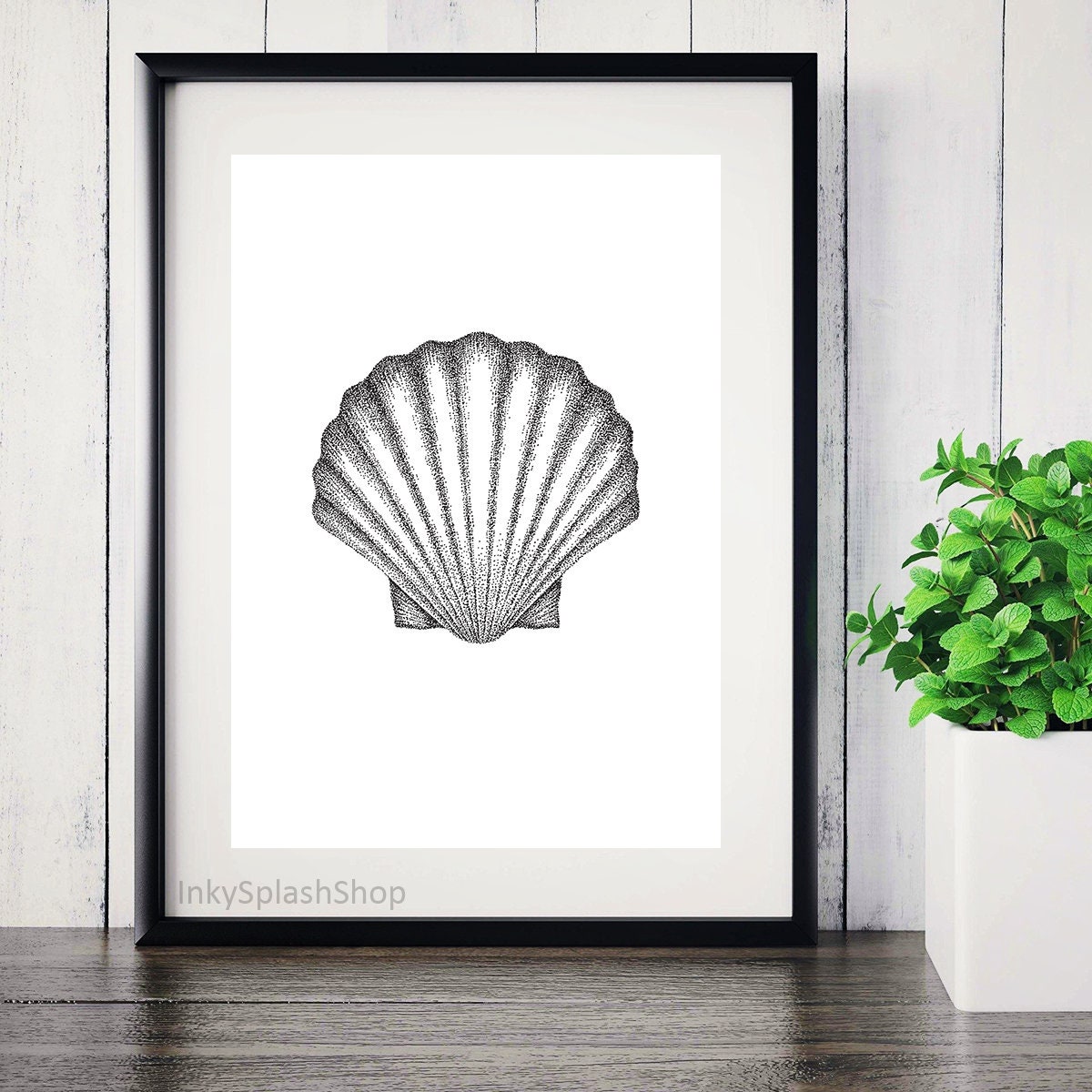 Seashell Printable Wall Art Black & White Scallop Shell Drawing Print ...