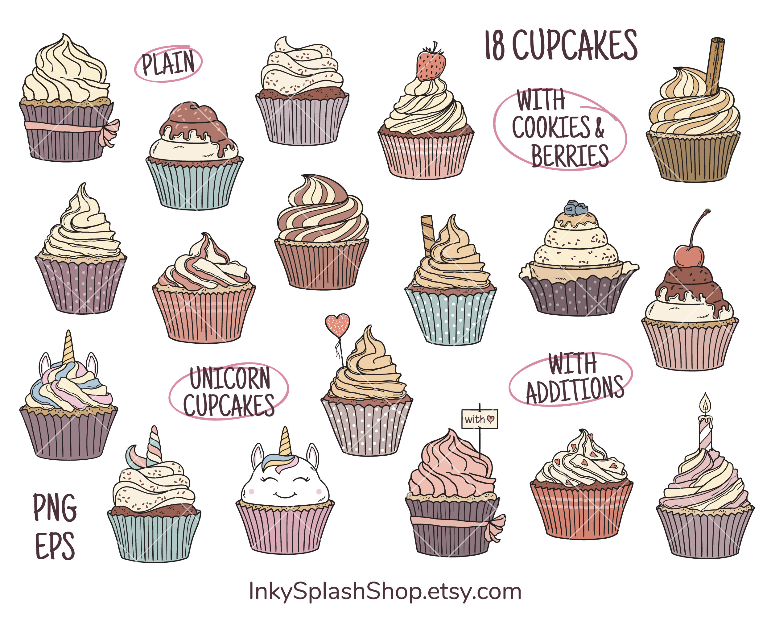 Cupcakes Clip Art Cute Hand Drawn Cupcakes Bundle Pastry, Dessert ...