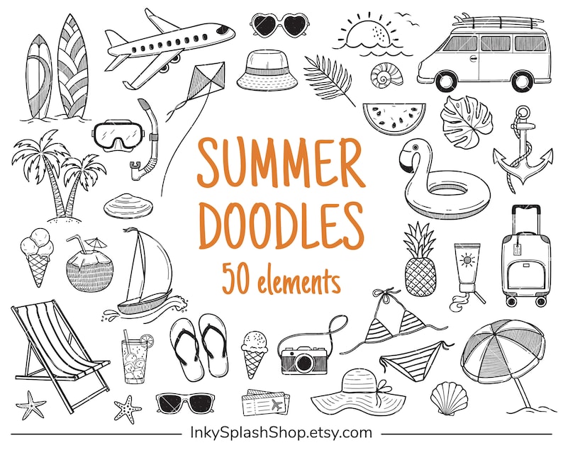 Summer Clip Art Tropical Beach Rest Doodles Vacation Travel Vector ...