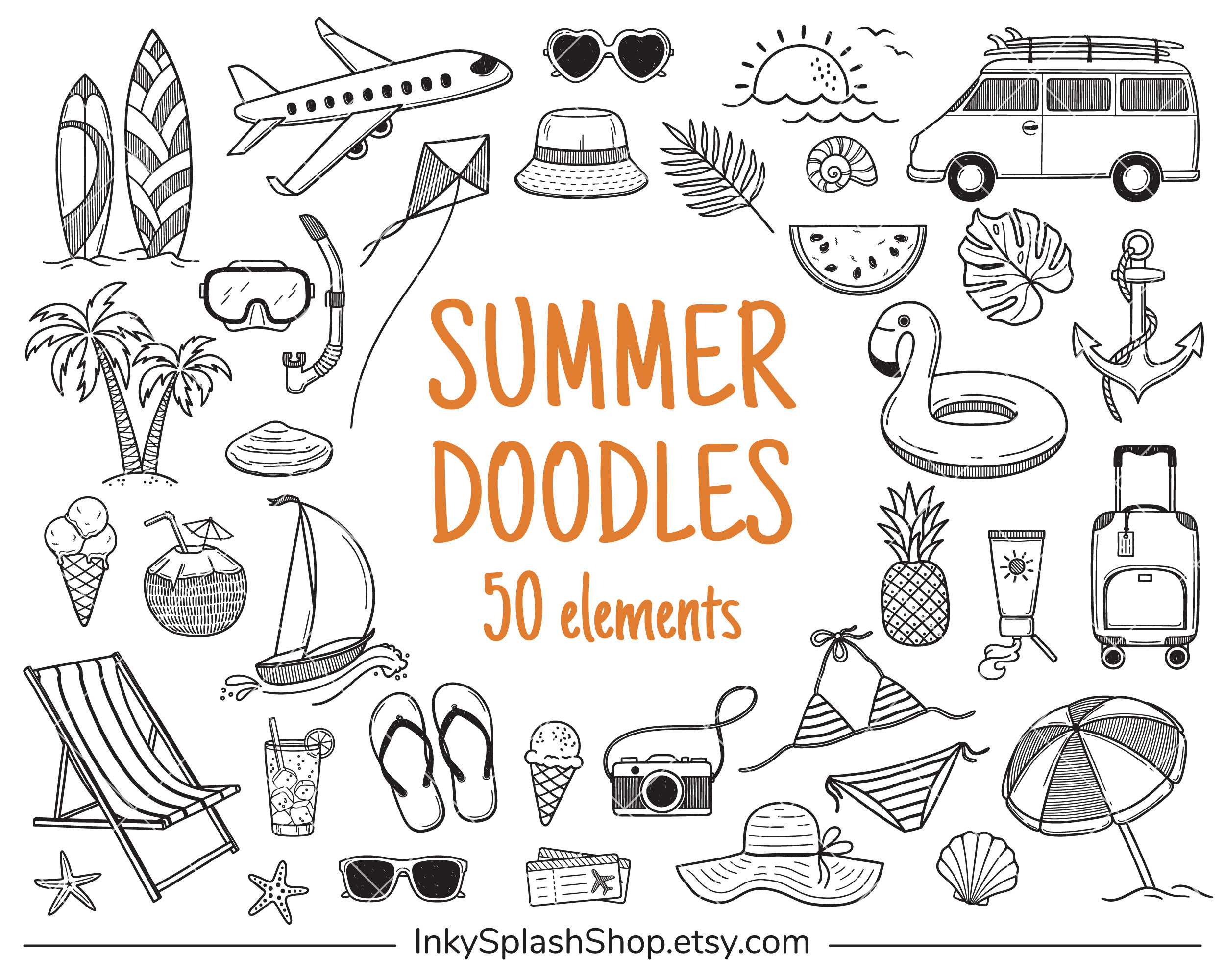 Summer Clip Art Tropical Beach Rest Doodles Vacation Travel Vector ...