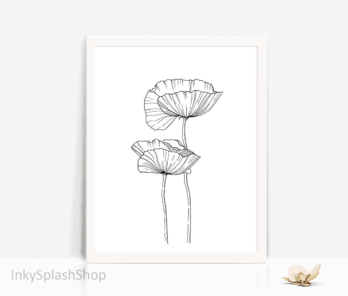 Poppies Art Print Two Poppy Flowers Ink Drawing Printable - Etsy