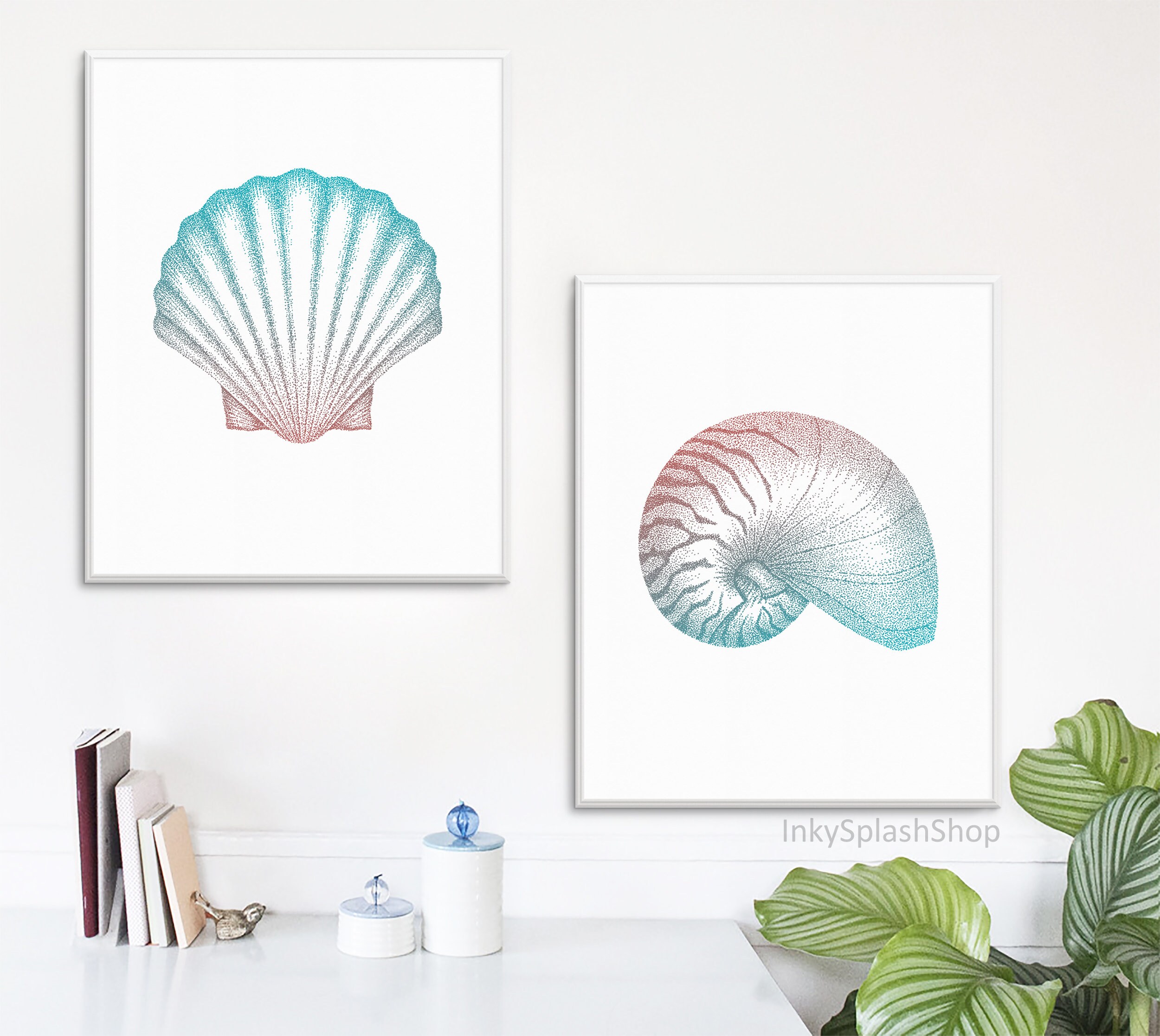 Set of 2 Seashell Dotwork Prints Coastal Printable Wall Art Nautical ...