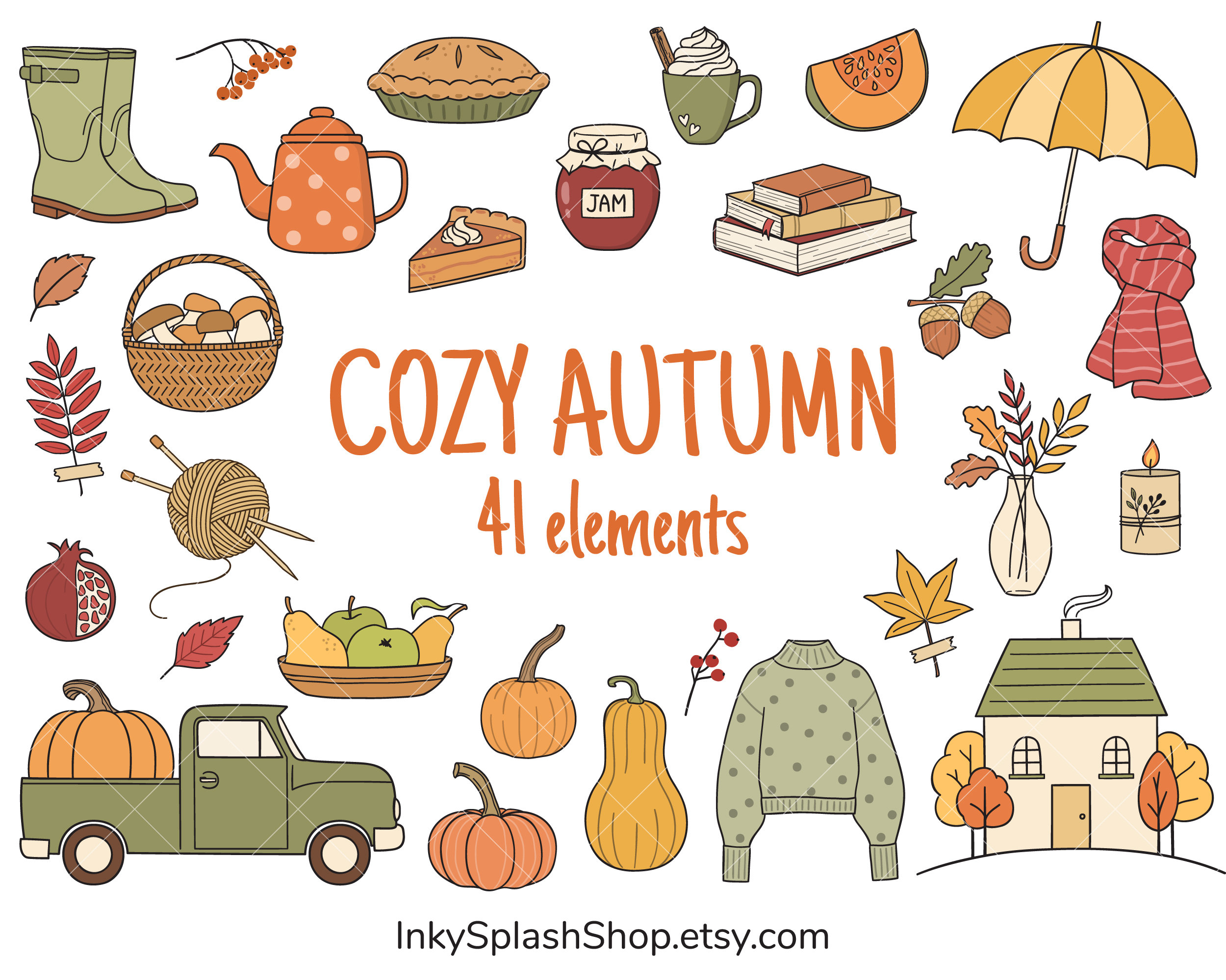 Cozy Autumn Clip Art Fall Leaves Pumpkins Doodles Harvest - Etsy