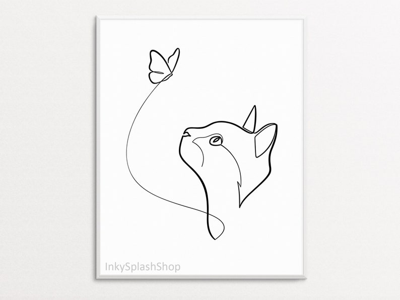 Cat and Butterfly Wall Art Printable Cute Kitten Line Drawing - Etsy